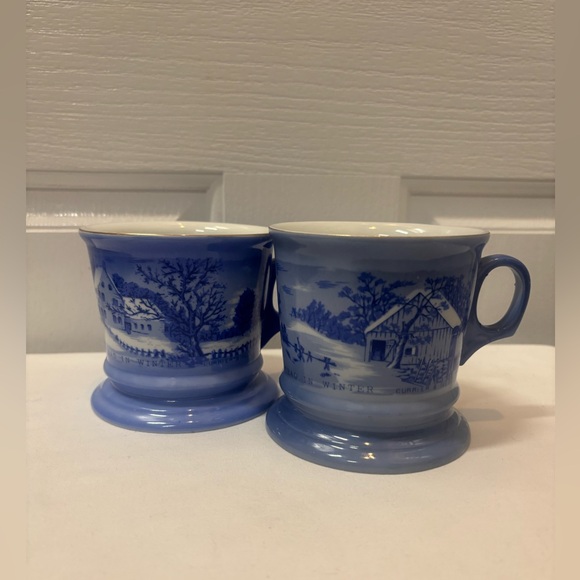 Dining | Vintage 2 Blue White Ceramic Mugs Winter Scenic Design Gold ...